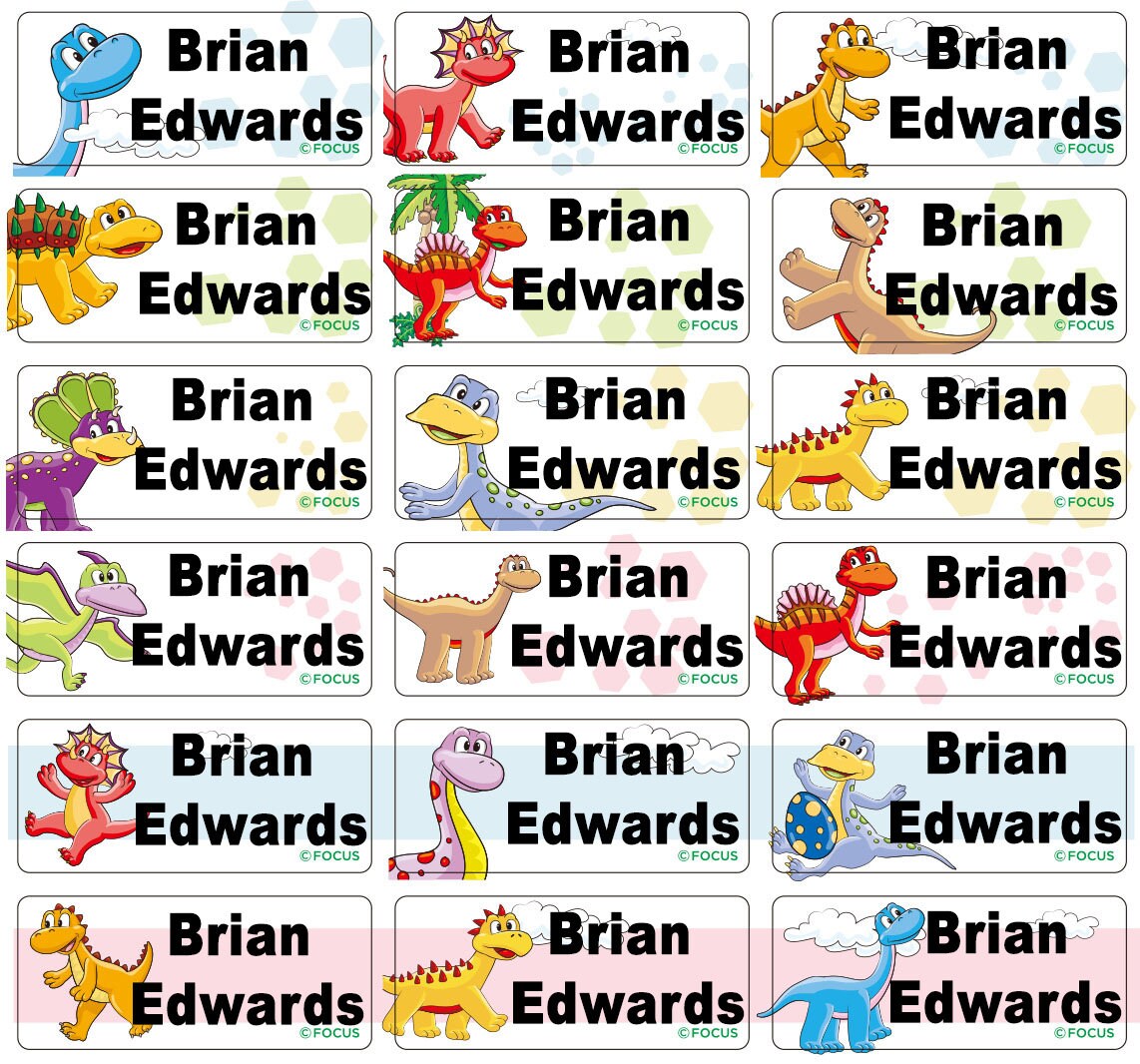 Dinosaurs - 60 Personalized Name Stickers, Water Proof, Dish Washer ...