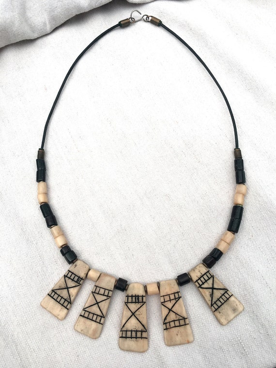 African Etched Bone Beaded Necklace | Etsy