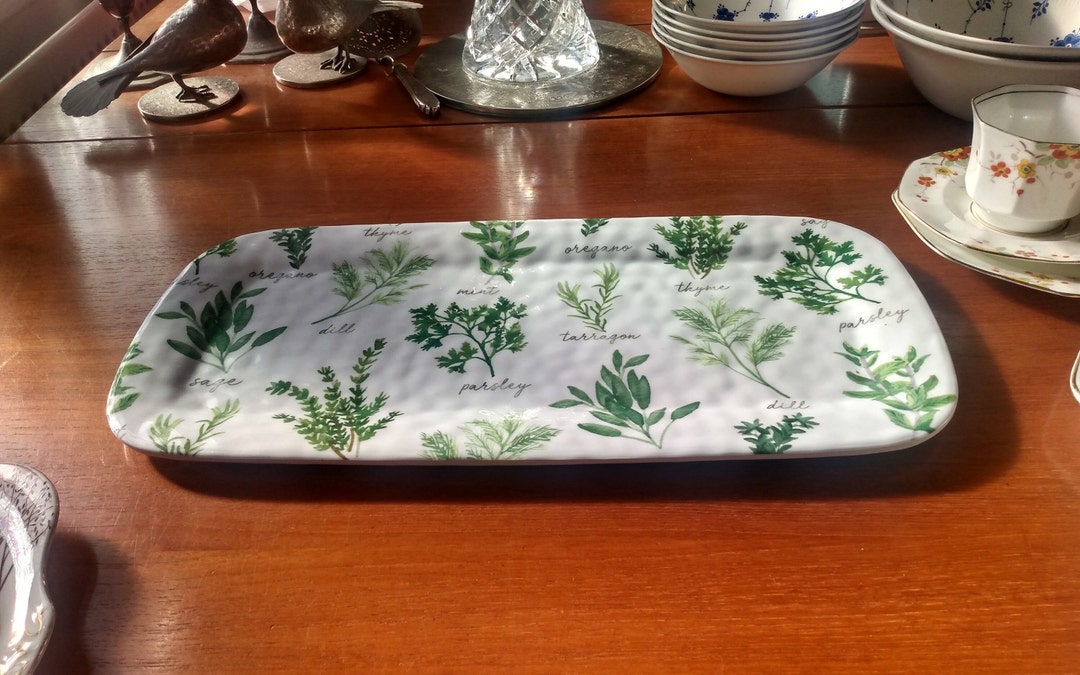 Vintage Pretty Melamine Serving Tray by Eddingtons Ltd. A Kitchen Herbs Pattern on White Back ...