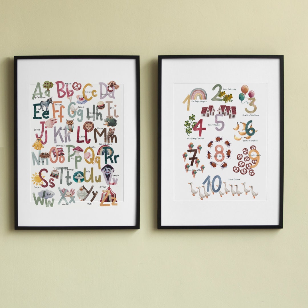 Learning Poster Set Watercolor Numbers Alphabet ABC Letters Learning ...