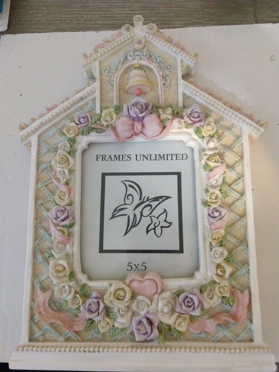 Wedding Picture Frame 5x5 Chapel Embossed With Ceramic Roses and Stand ...