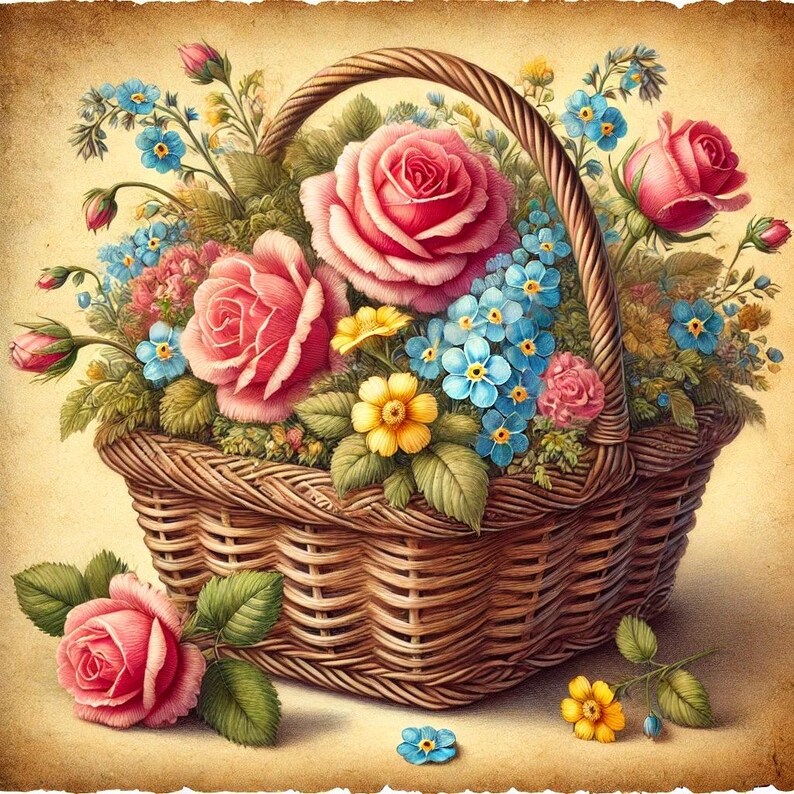 Vintage Floral Basket Digital Download – Romantic Roses & Wildflowers ...