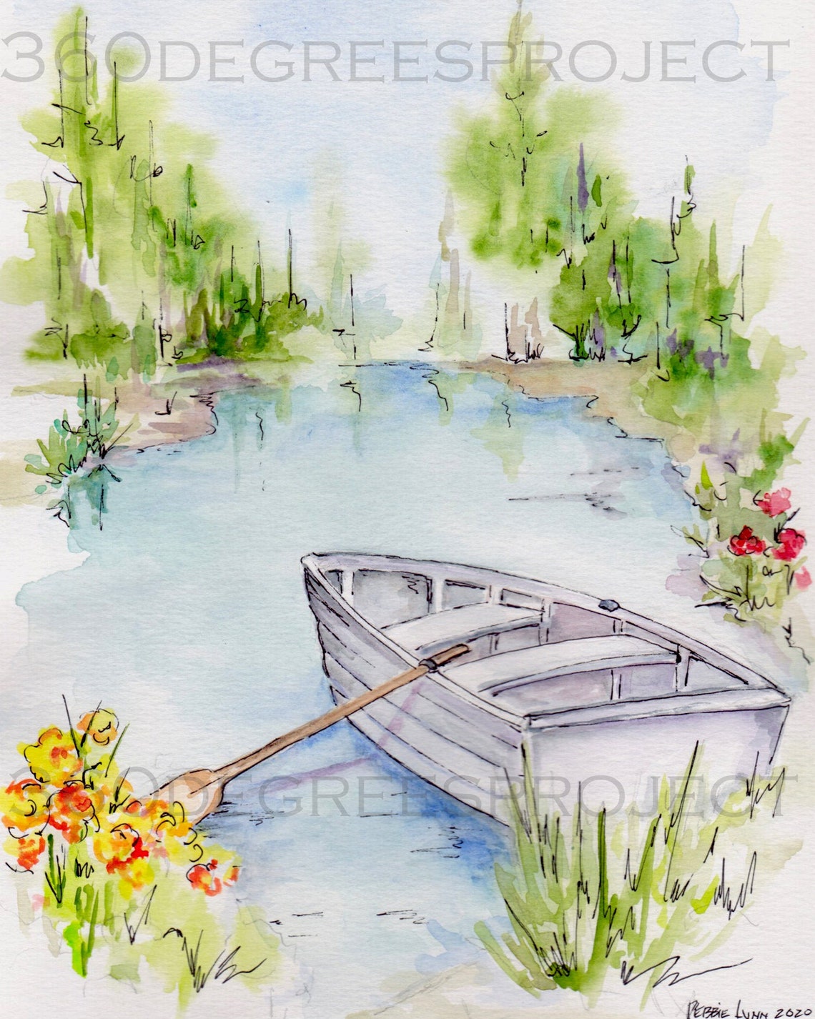 Row Boat Watercolorpen And Ink Pencil Original Art From 360