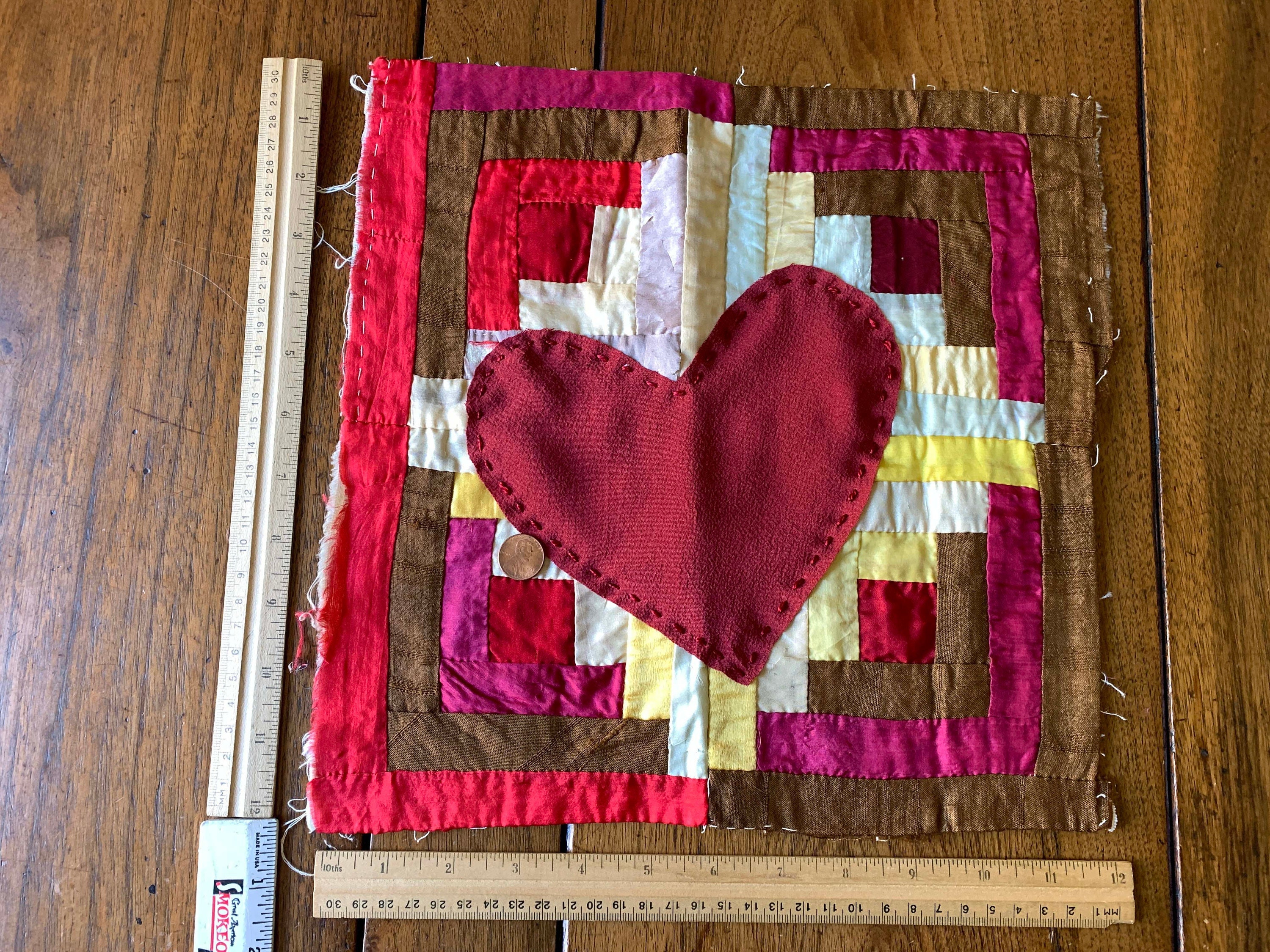 12x12 Antique Silk Log Cabin Upcycled Cutter Quilt Red Mending Heart ...