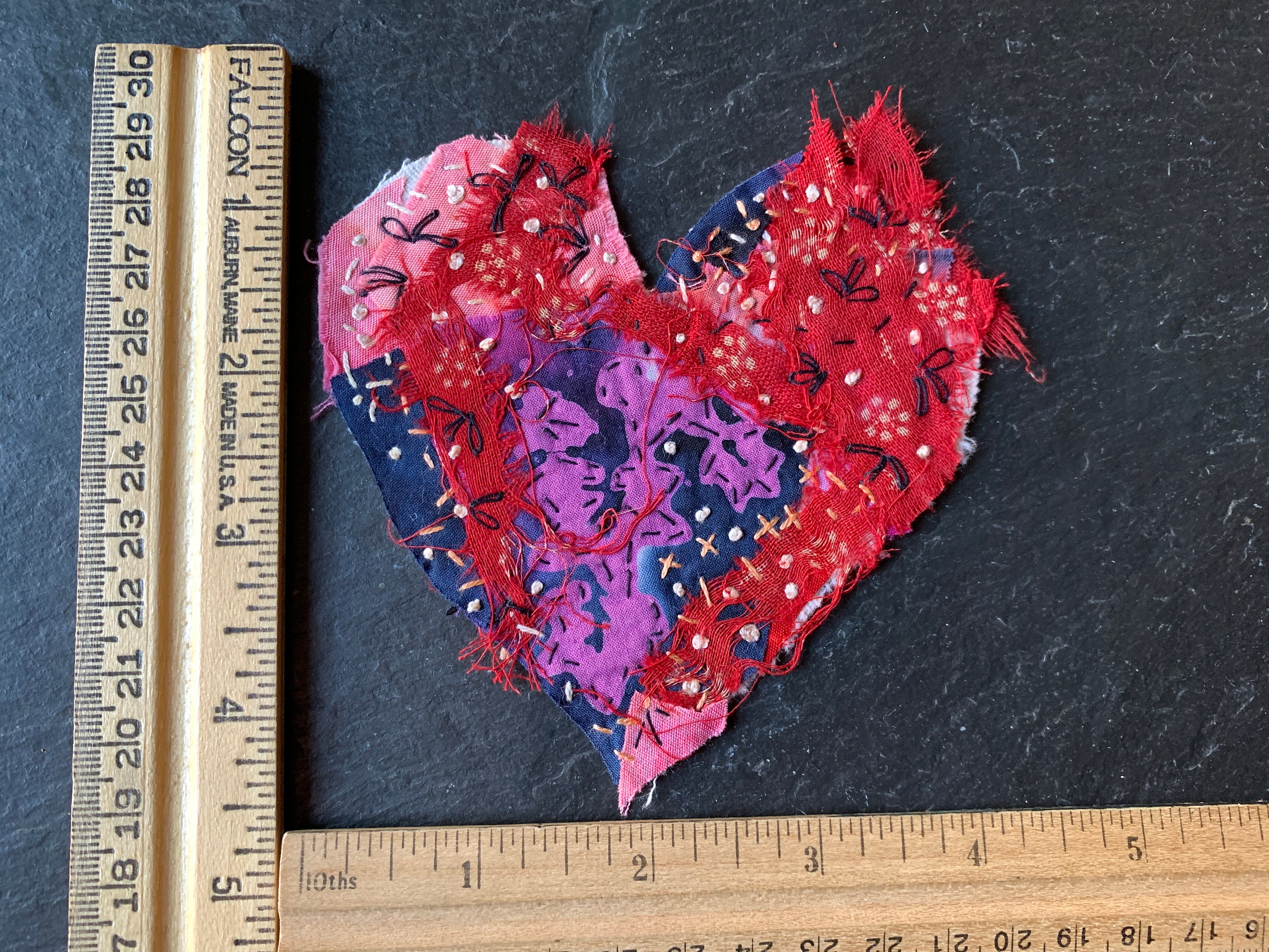 4" Layered Patchwork Mending Heart Red Pink Purple Textile Fabric ...