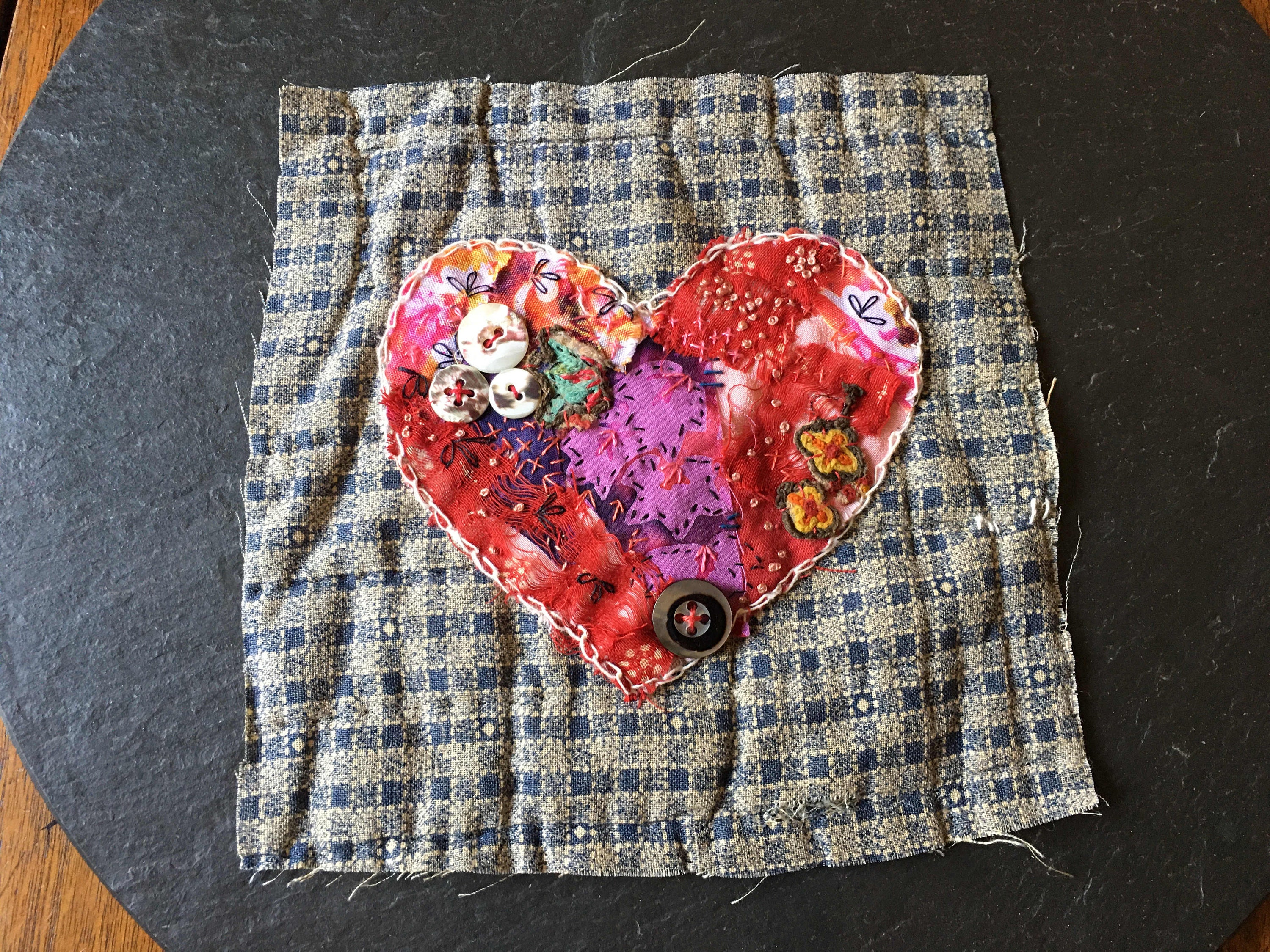 4 Patchwork Rose Mending Heart Upcyle Textile Fabric Collage Art ...