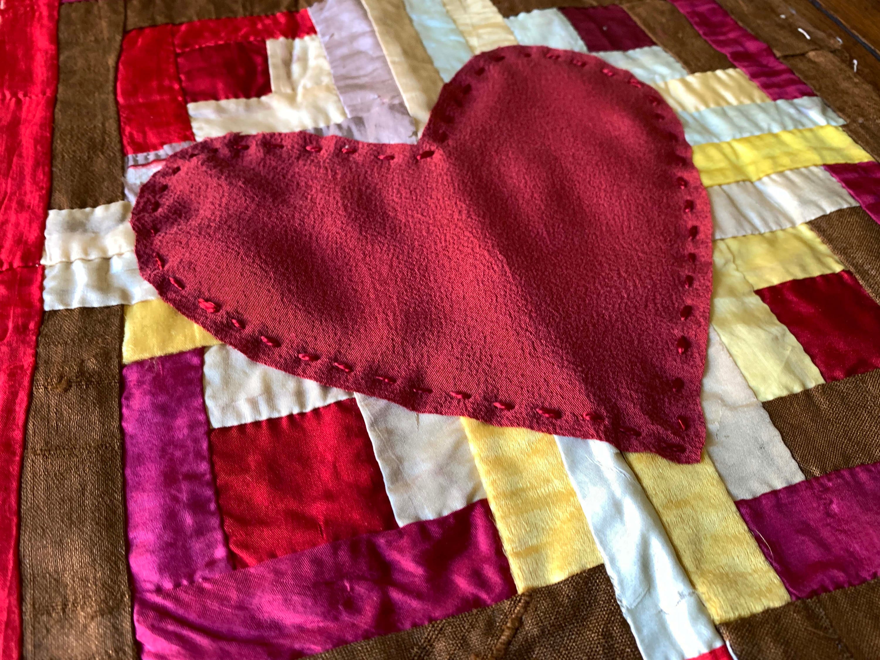 12x12 Antique Silk Log Cabin Upcycled Cutter Quilt Red Mending Heart ...