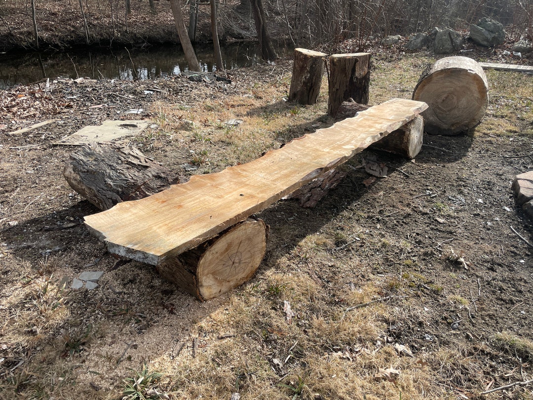 Outdoor Wooden Bench Live Edge Natural Slab Rough Cut on 2 Supports ...