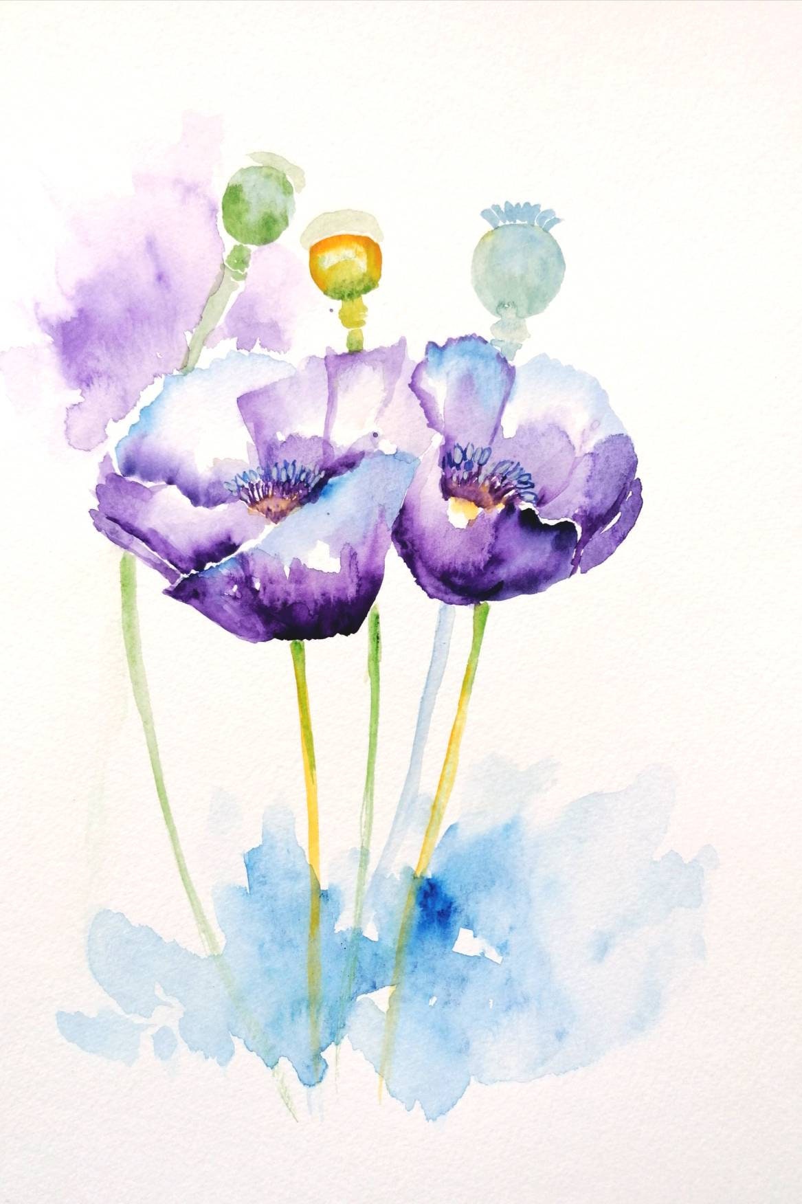 Poppy Flower Watercolour Original Painting of Purple Poppies - Etsy