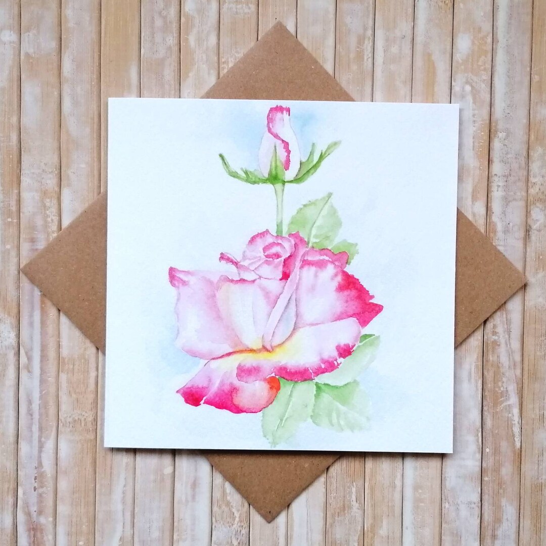 Rose Flower Greeting Card FSC Certified - Bright Pink Tinged White ...