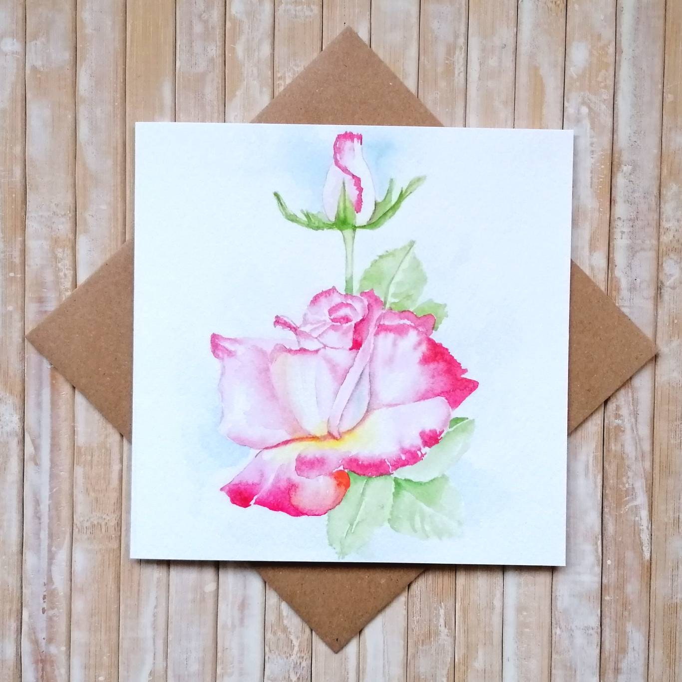 Rose Flower Greeting Card FSC Certified Bright Pink Tinged | Etsy
