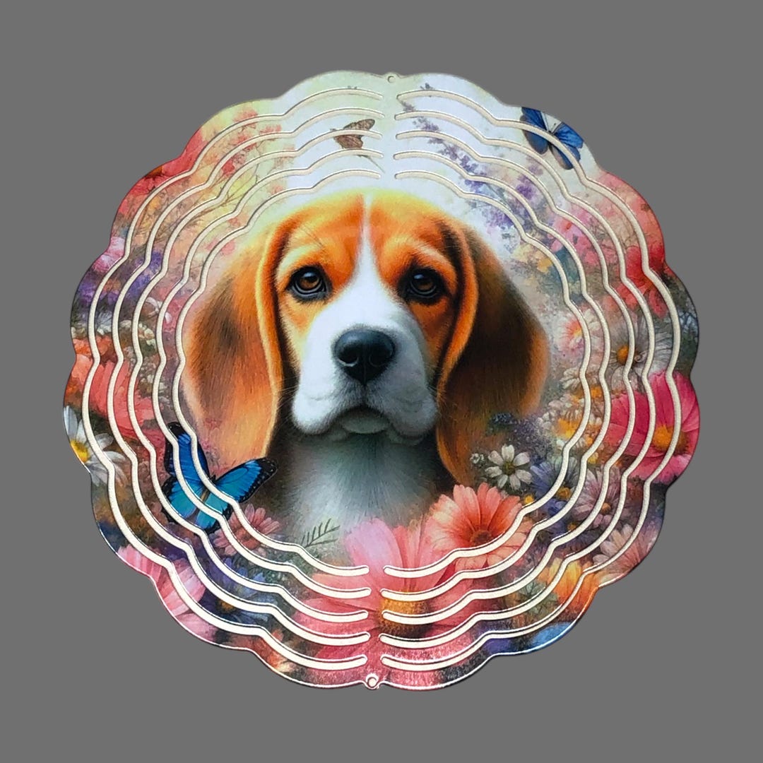 Beagle Dog With Flowers Wind Spinner- 8 Inch Double Sided Aluminum ...