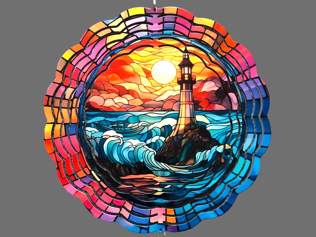 Lighthouse on Stained Glass Wind Spinner- 8 Inch Double Sided Aluminum ...