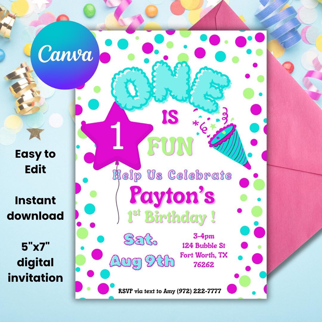 ONE is FUN First Birthday Invitation: Polka Dots, Bubbles (canva ...