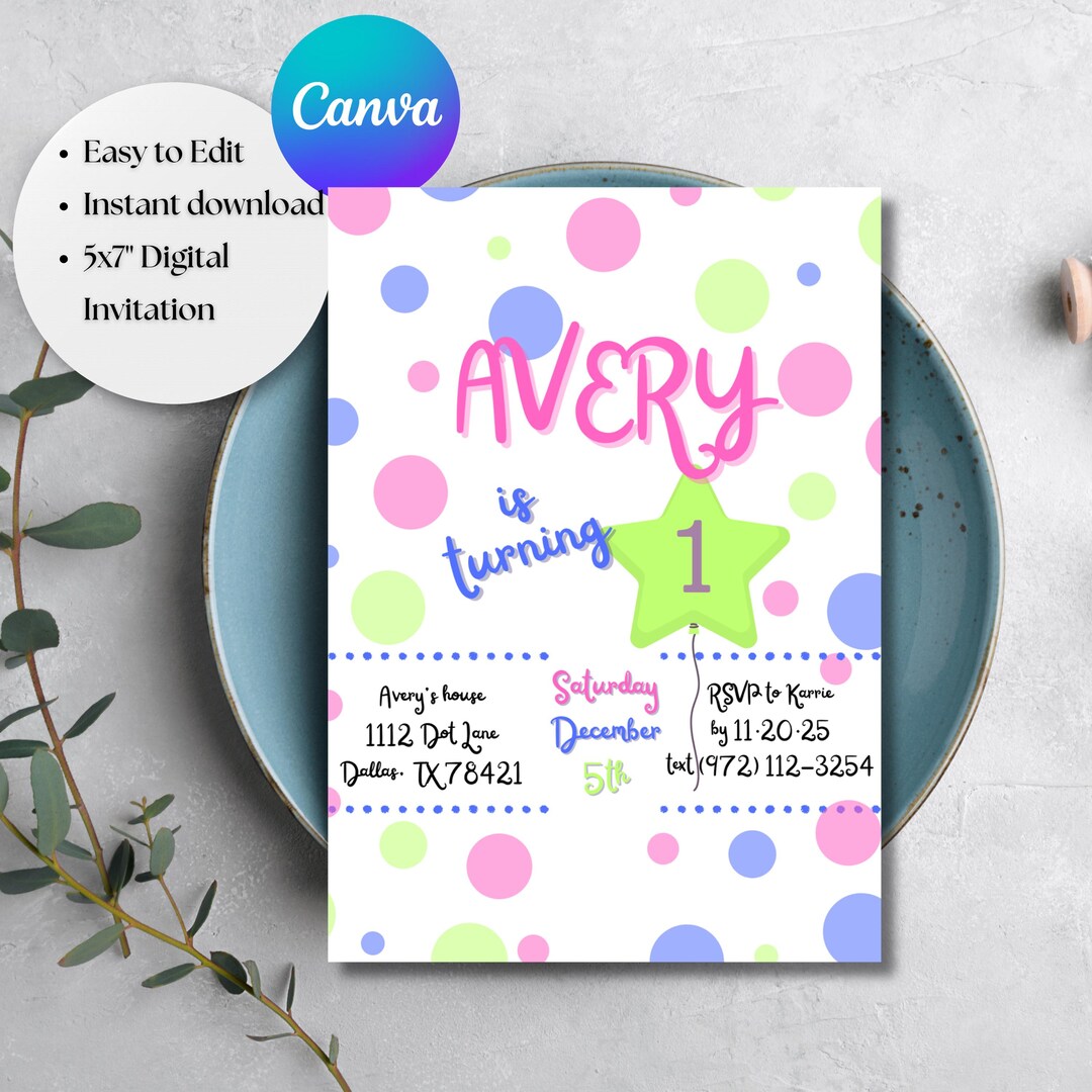 First Birthday Colorful Polka Dots Editable Digital Invitation, Instant ...
