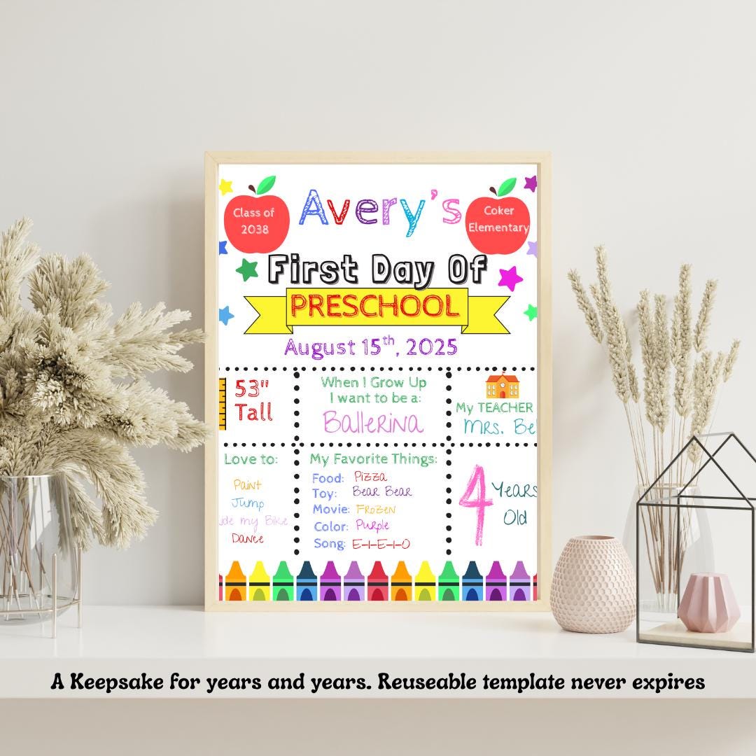 Back to School Sign- First Day of Preschool Digital Template- Editable ...