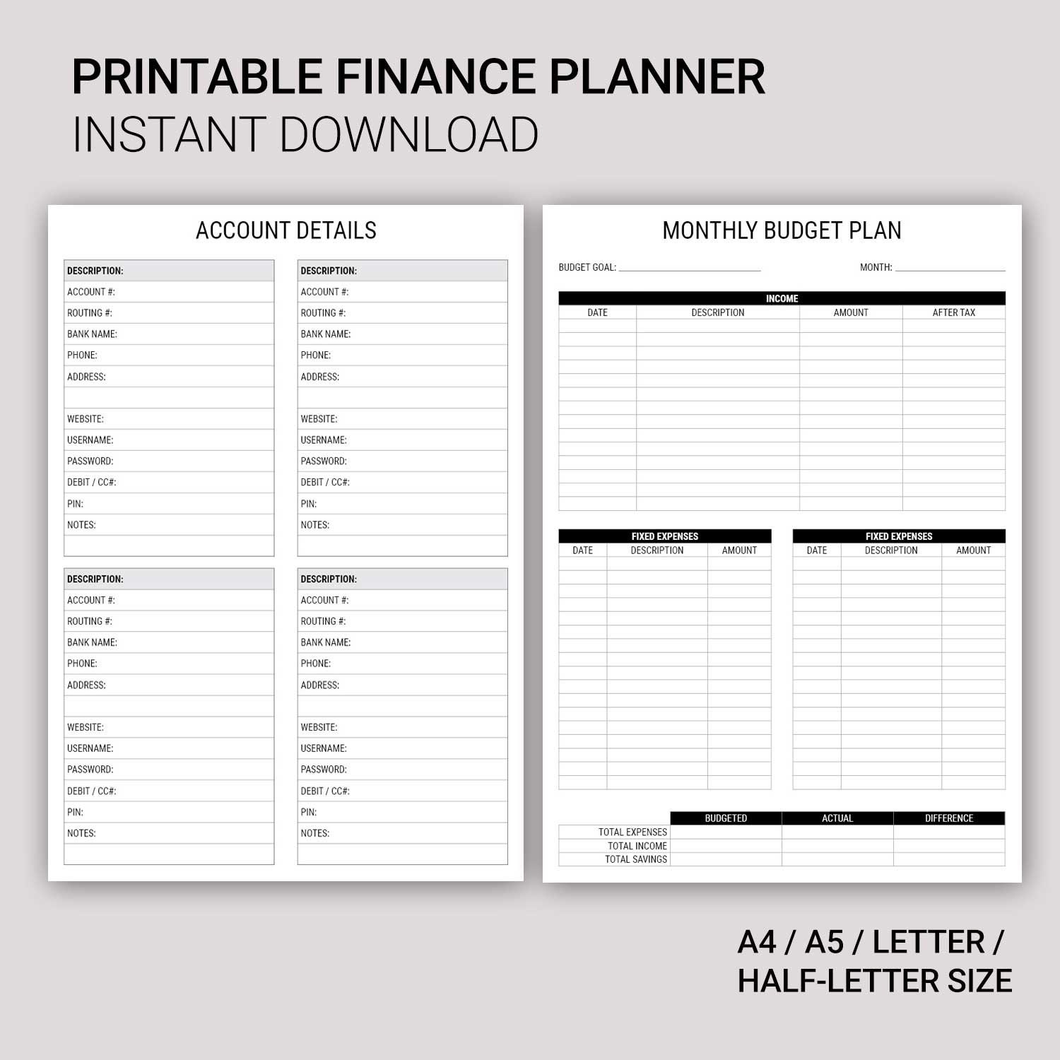 Finance Planner Printable Financial Journal Budget Template Expense ...