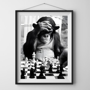 Checkmate Print, Monkey Playing Chess, Black and White Wall Art ...