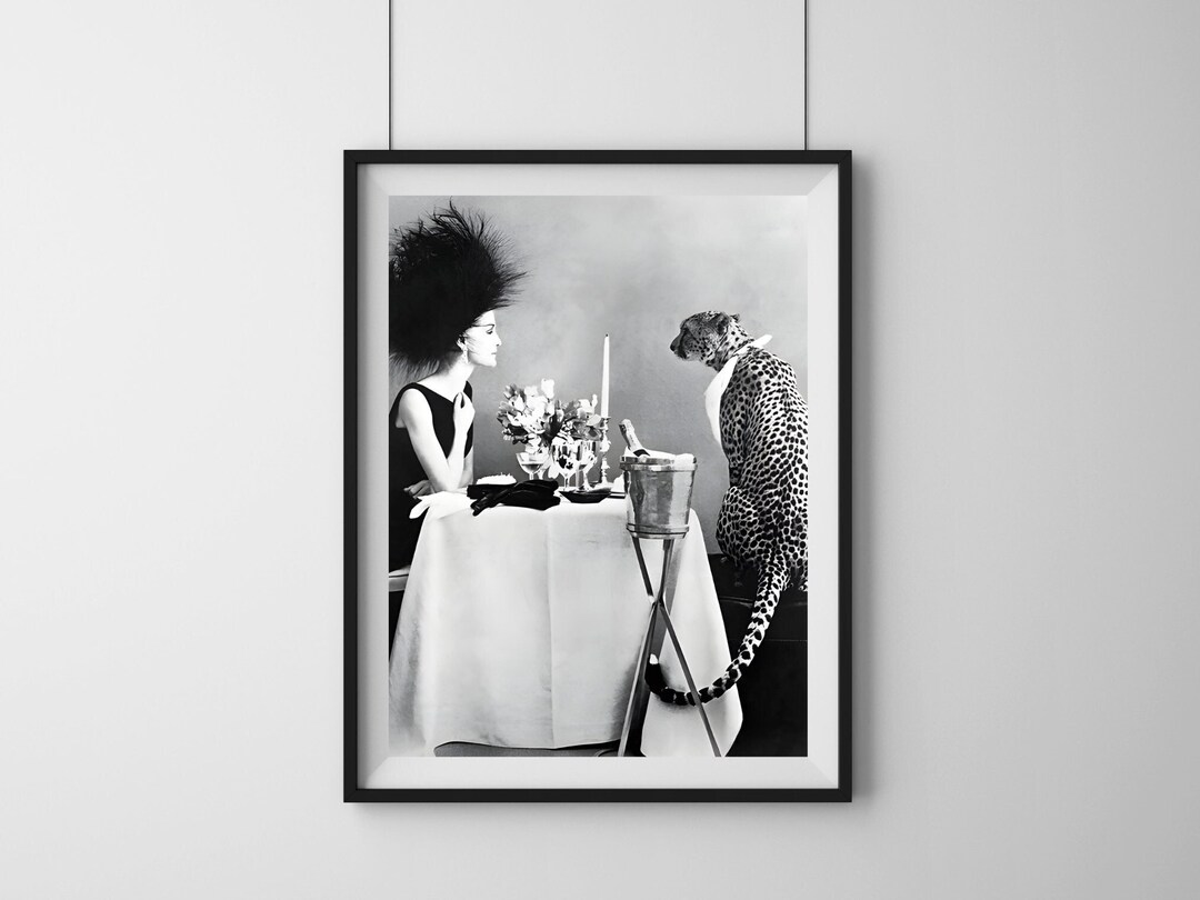 Model With Cheetah Having Dinner Print, Black and White Wall Art ...