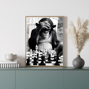 Checkmate Print, Monkey Playing Chess, Black and White Wall Art ...