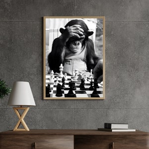 Checkmate Print, Monkey Playing Chess, Black and White Wall Art ...