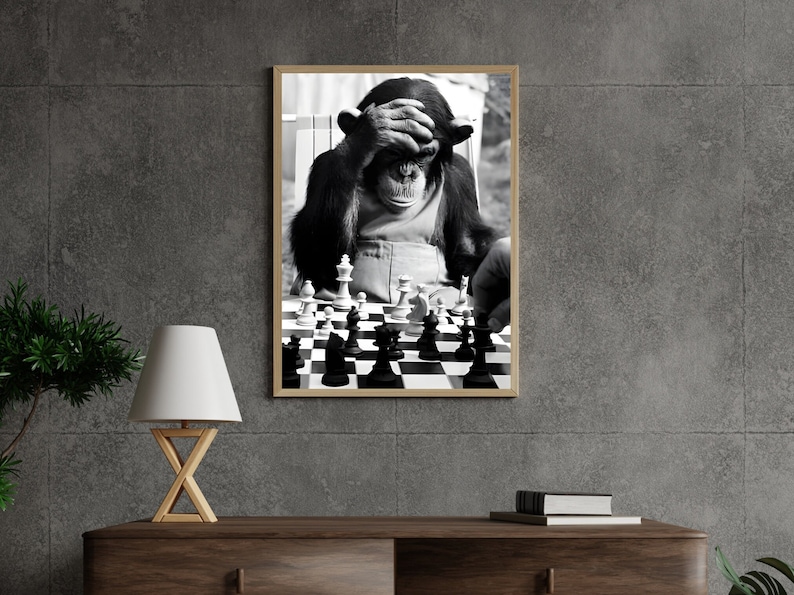 Checkmate Print, Monkey Playing Chess, Black and White Wall Art ...