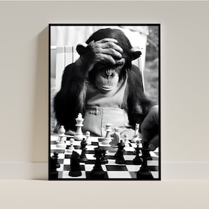 Checkmate Print, Monkey Playing Chess, Black and White Wall Art ...