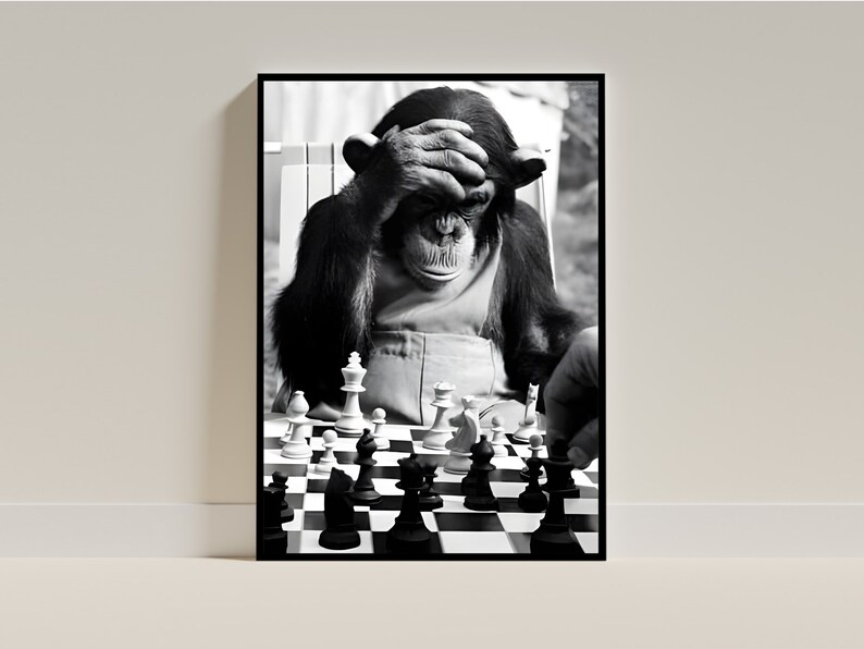 Checkmate Print, Monkey Playing Chess, Black and White Wall Art ...