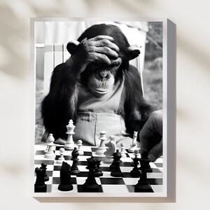 Checkmate Print, Monkey Playing Chess, Black and White Wall Art ...