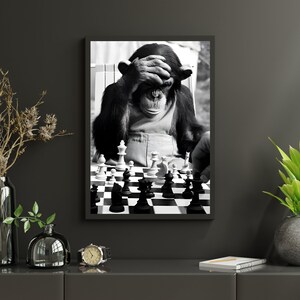 Checkmate Print, Monkey Playing Chess, Black and White Wall Art ...