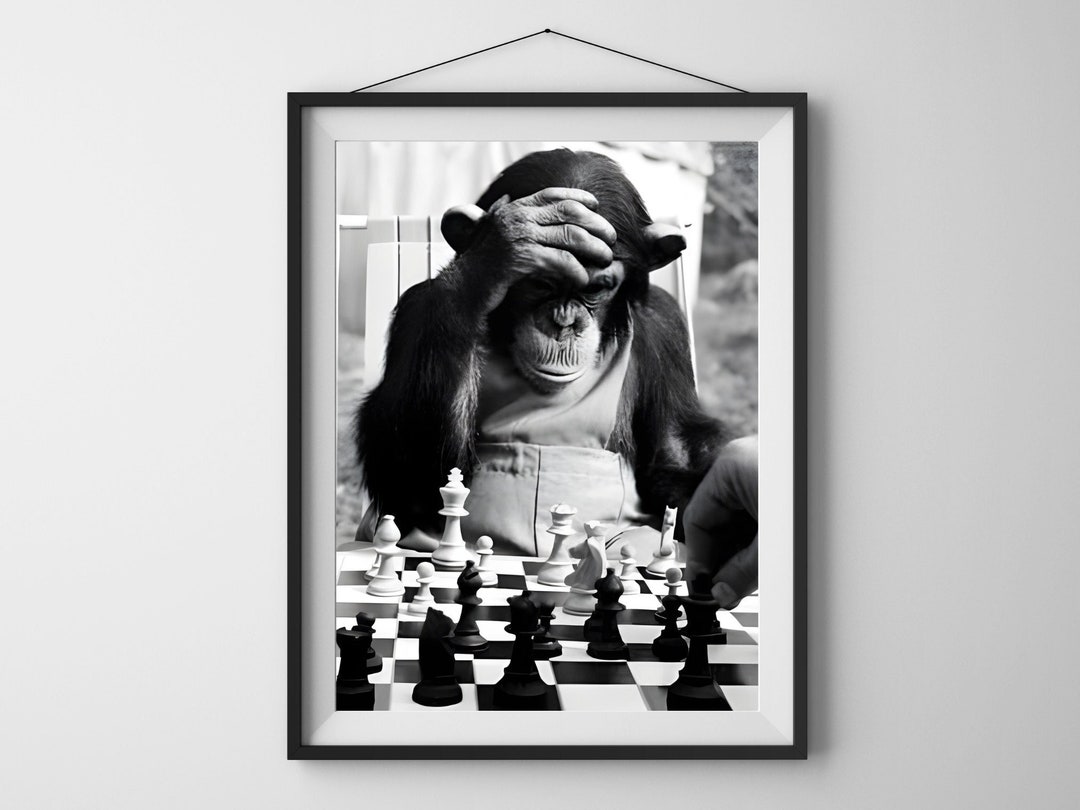 Checkmate Print, Monkey Playing Chess, Black and White Wall Art ...