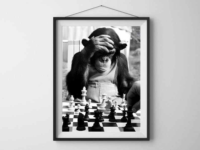 Checkmate Print, Monkey Playing Chess, Black and White Wall Art ...