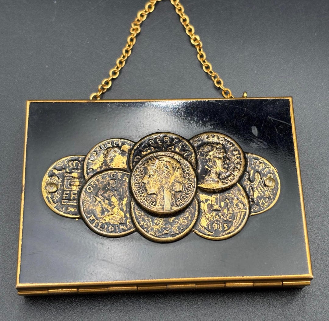 Vintage French Coin Change Purse Metal W/ Chain Brass Enamel - Etsy