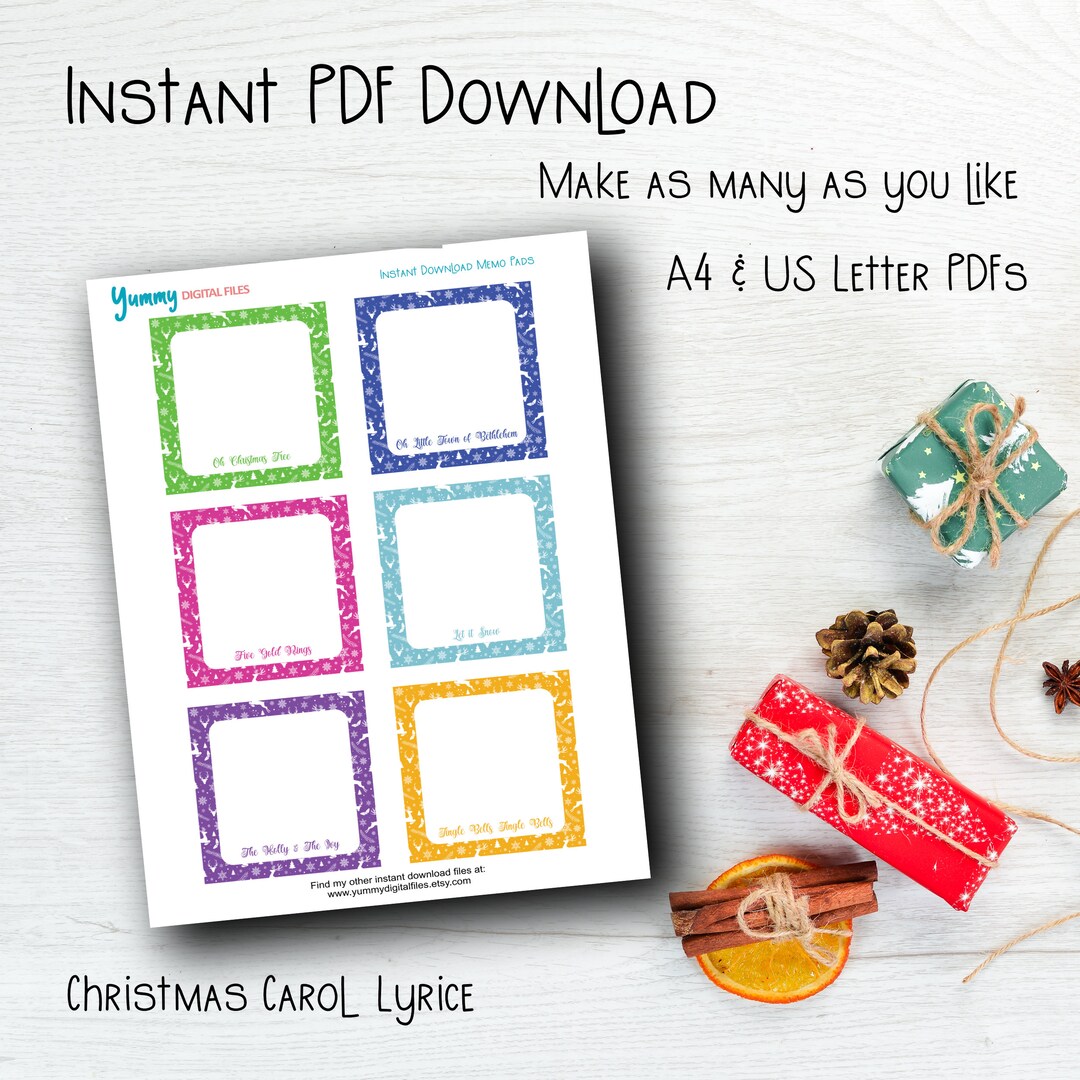 Christmas Carol Lyrics 3 Inch Square Memopad Notepad Digital Download ...