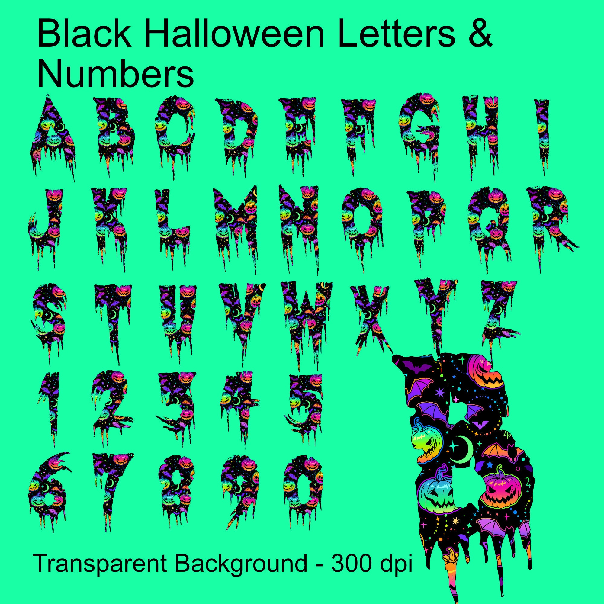 Black Halloween Alphabet Letters and Numbers for Sublimation, Stickers ...