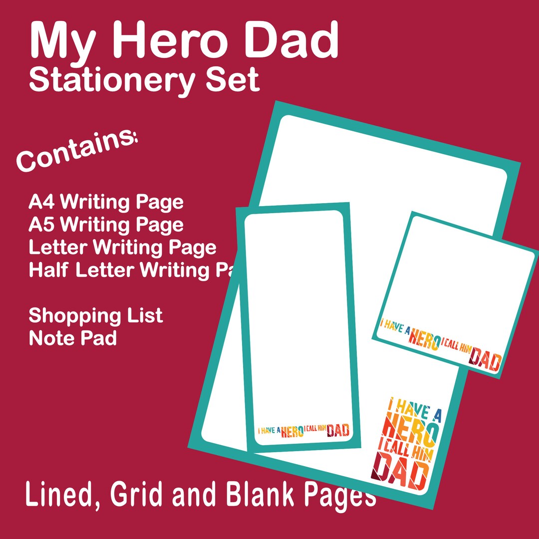 My Hero Dad Stationery Set, Printable Writing Pages, Shopping List ...
