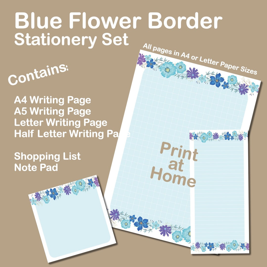 Blue Flower Border Stationery Set, Writing Pages, Shopping List ...