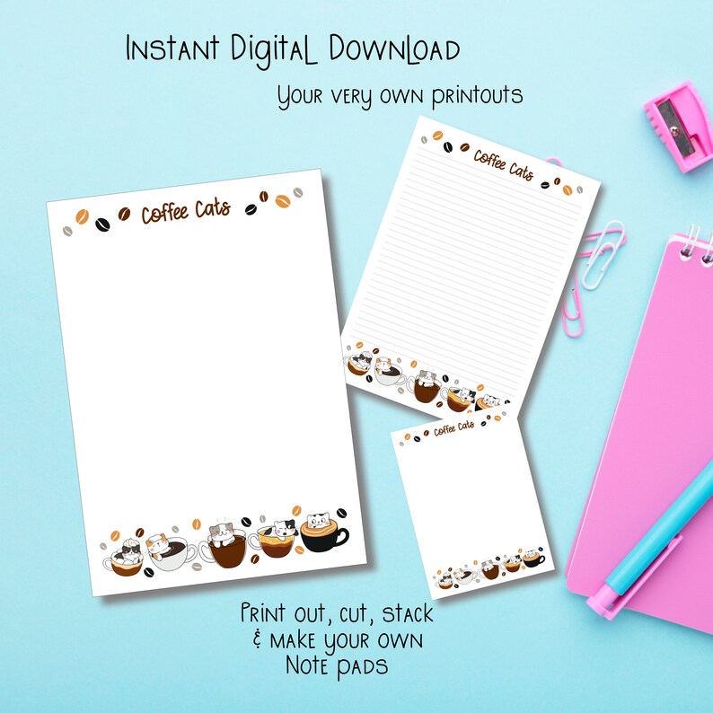 Coffee Cats in Cups Writing Paper, Memopad Notepad Digital Download to Make 6 Different Sizes of ...