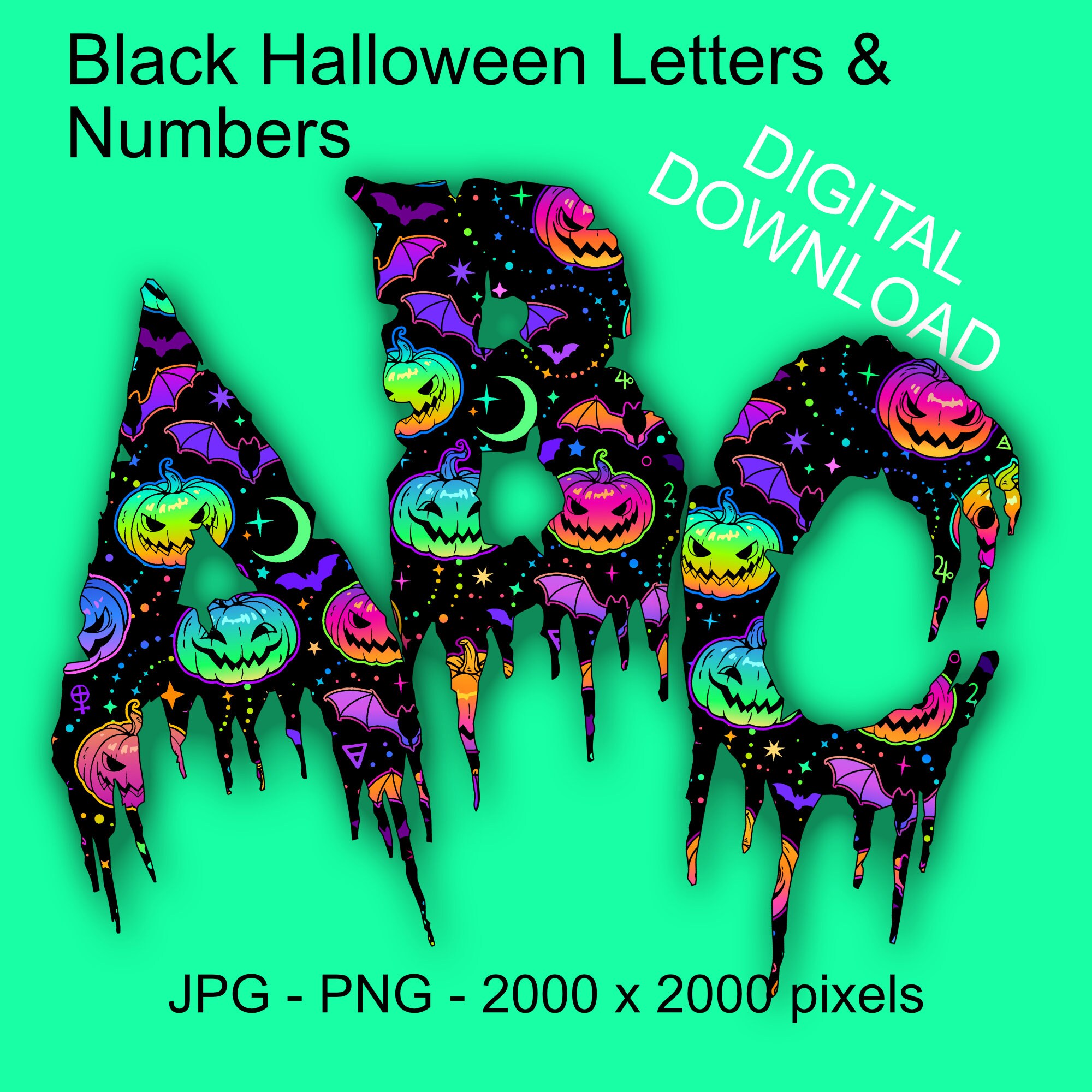 Black Halloween Alphabet Letters and Numbers for Sublimation, Stickers ...