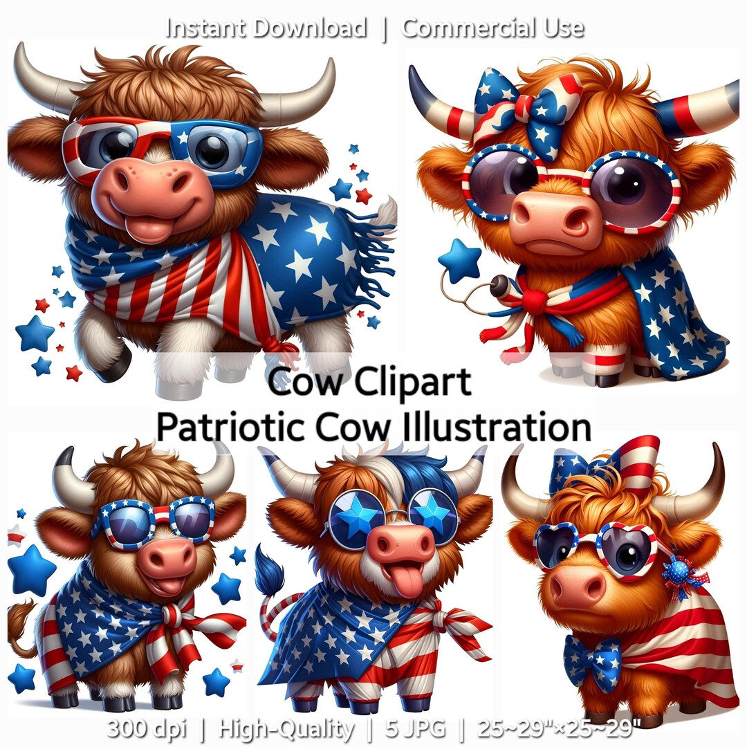 Patriotic Cow Clipart, US Flag Cow Illustration, Calf, Little Animals ...