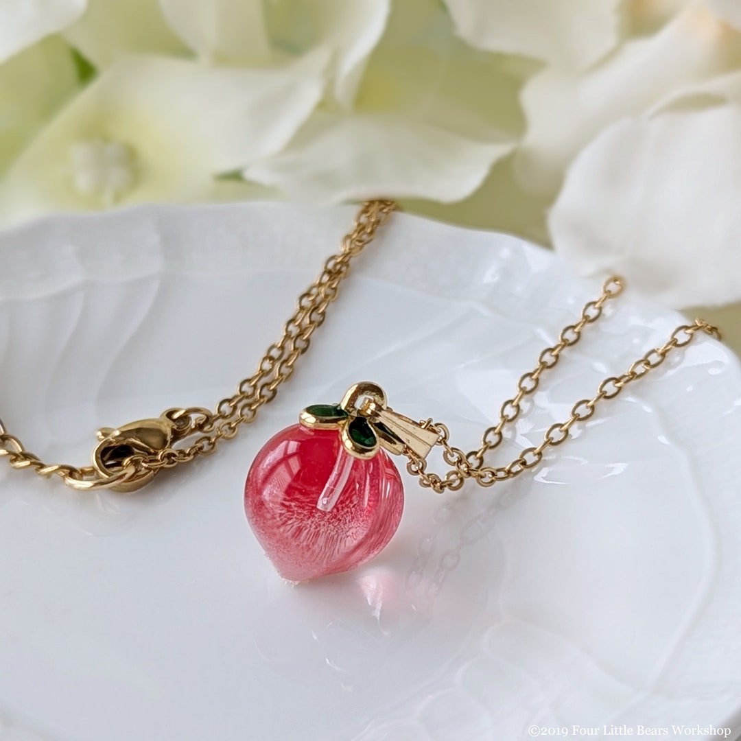 Sweet Peach Glass Charm Necklace: Stainless Steel Chain Includes Mini ...