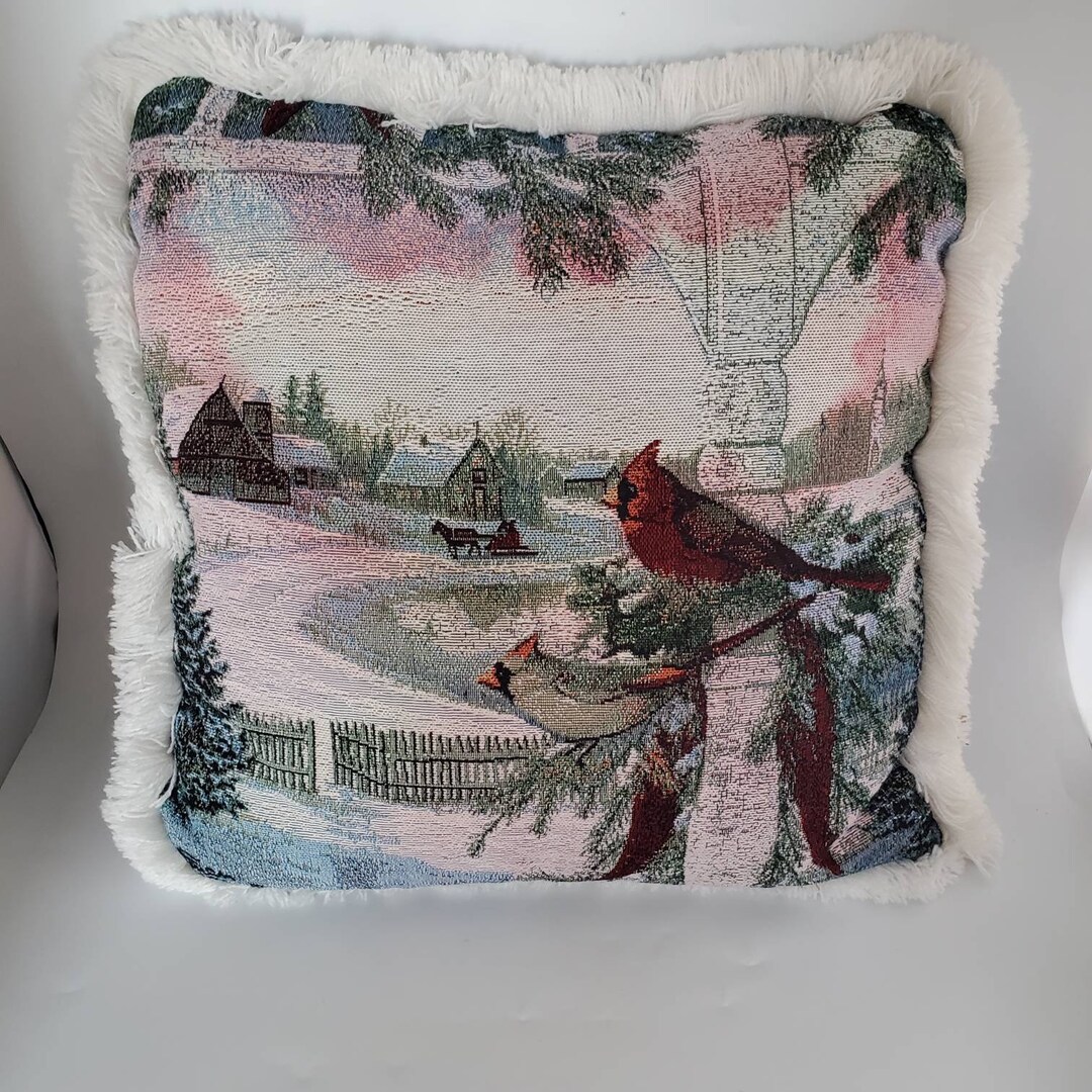 Vintage Red Cardinal Tapestry Style Throw Pillow Christmas Winter Scene ...