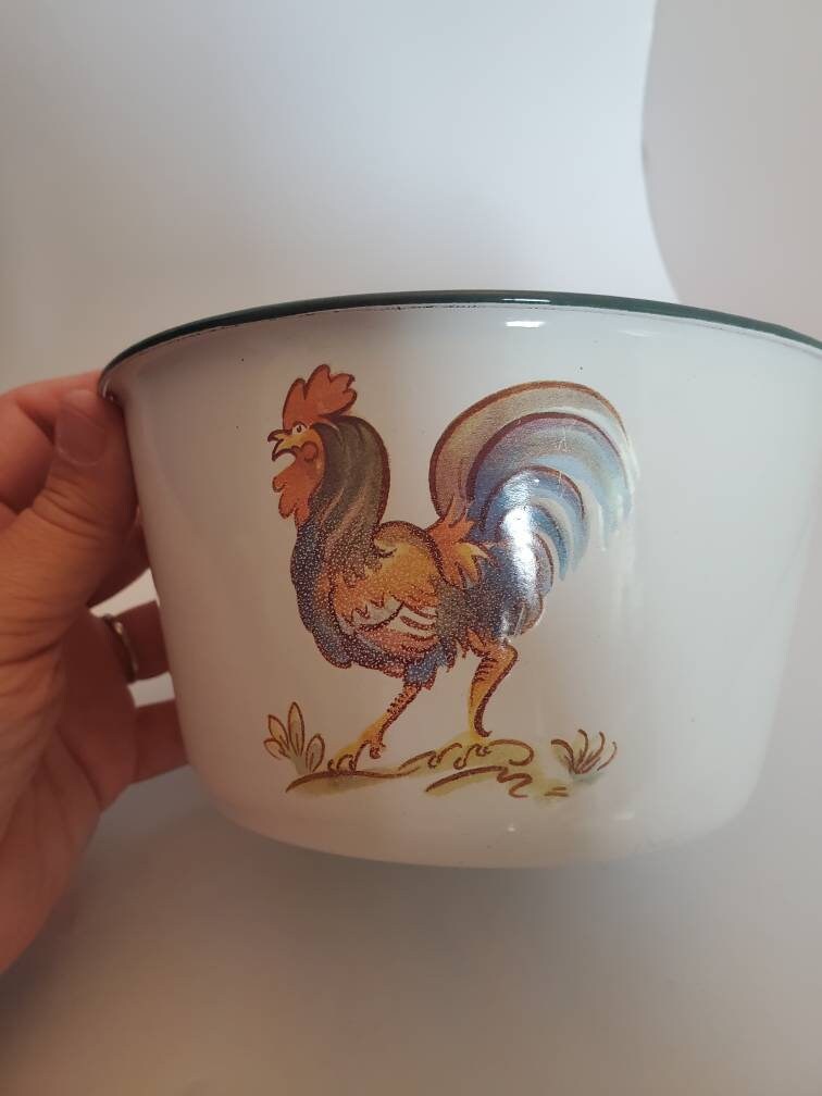 Vintage Rooster Chicken Enamel Bowl - Etsy