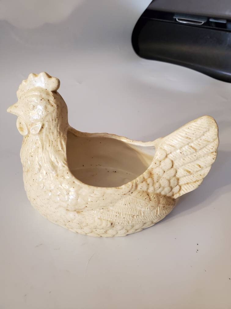 Vintage Speckled pottery hen chicken rooster planter White | Etsy
