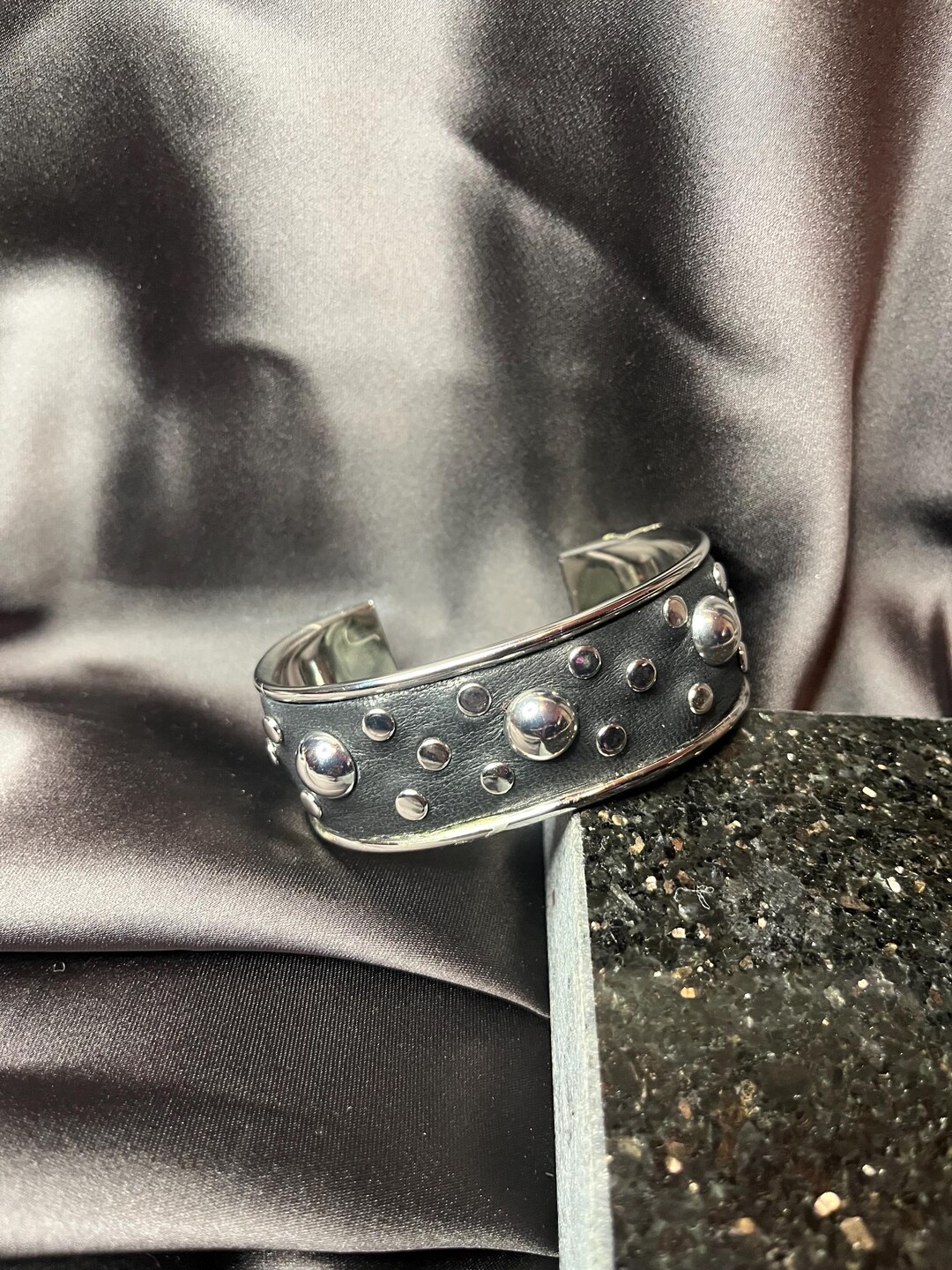 Black Studded Leather Inlay Metal Cuff - Etsy