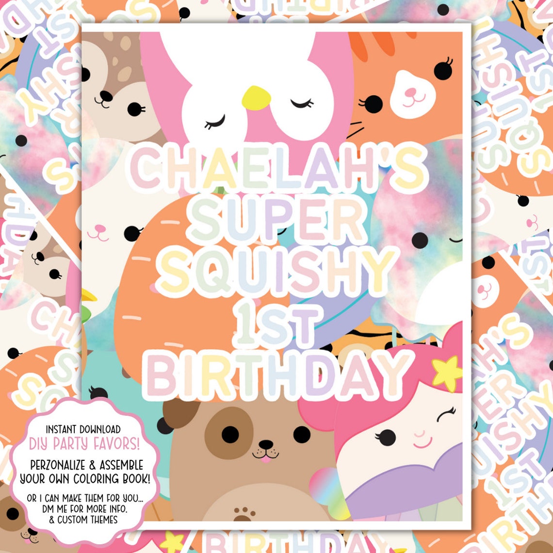 EDITABLE Squishmallow Themed Birthday Coloring Books, Party Favors ...
