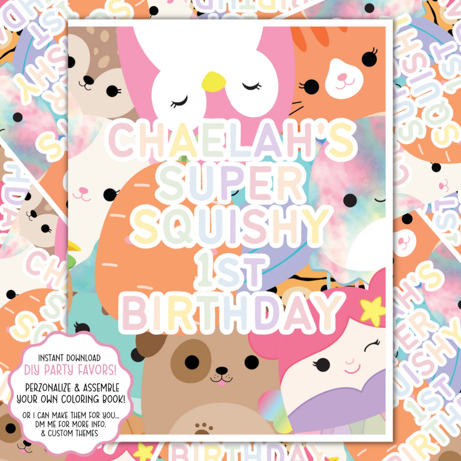 EDITABLE Squishmallow Themed Birthday Coloring Books, Party Favors ...