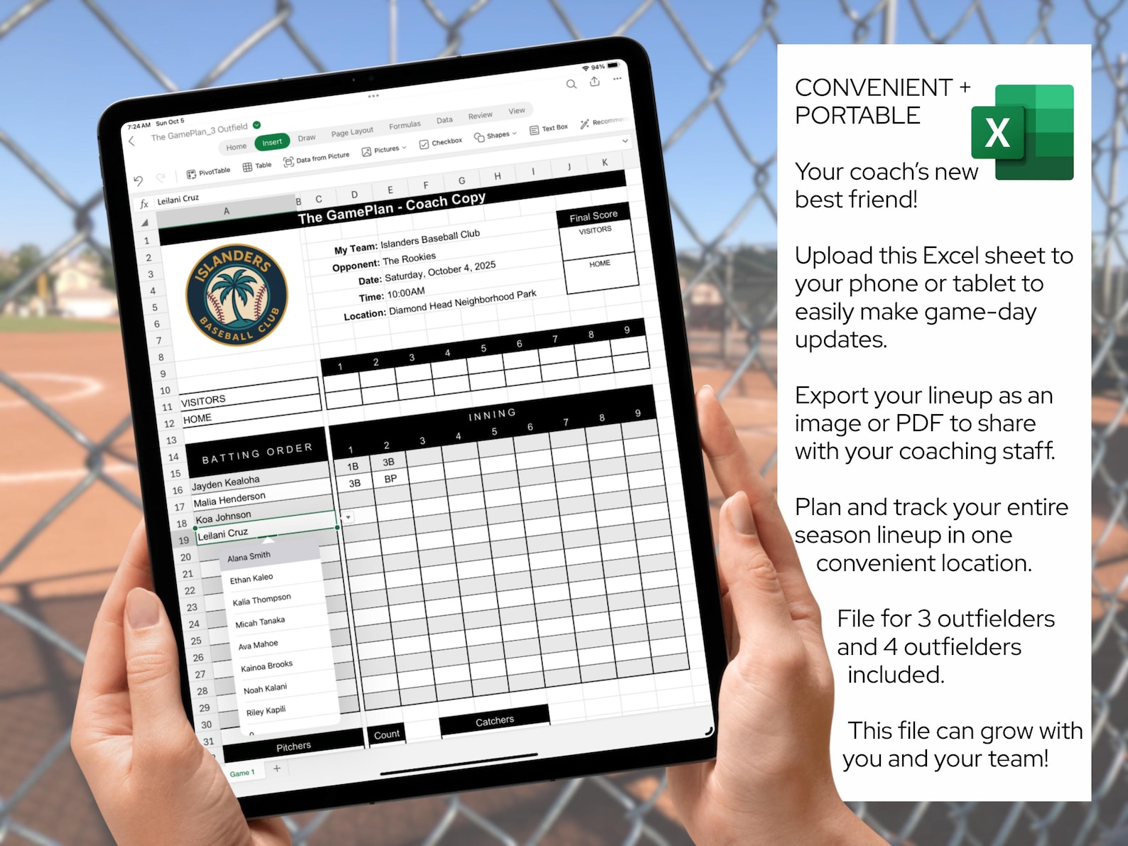 Baseball & Softball Lineup Excel Template | Editable Team Roster ...