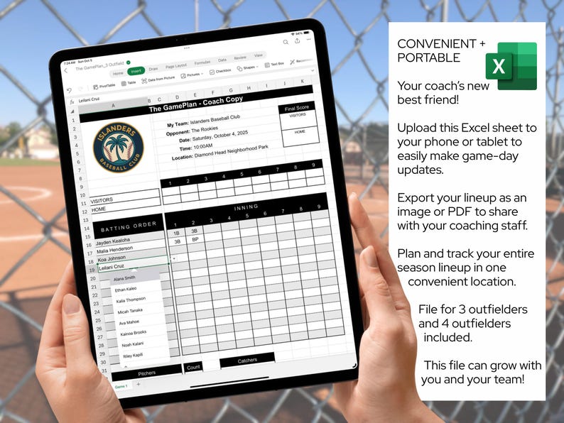 Baseball & Softball Lineup Excel Template | Editable Team Roster ...