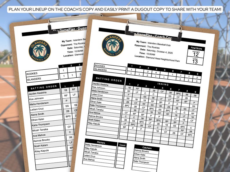 Baseball & Softball Lineup Excel Template | Editable Team Roster ...